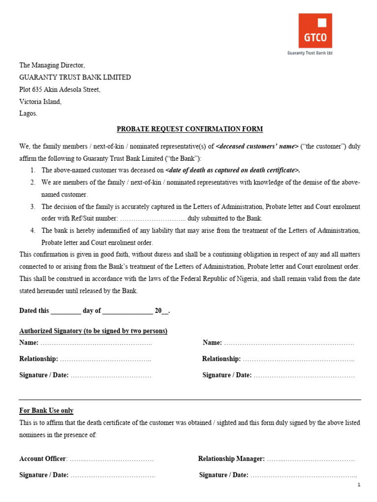 probate request confirmation form | PDF
