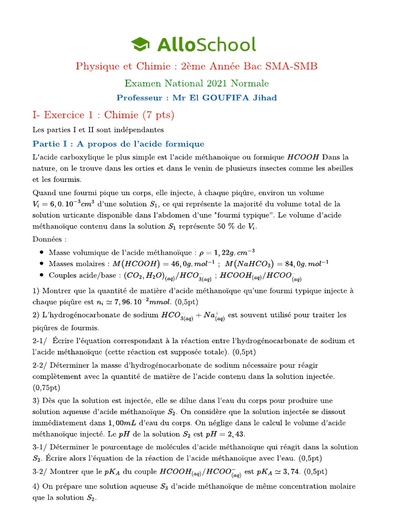 PC 2bac Sma SMB Examen National 2021 Normale 1 | PDF