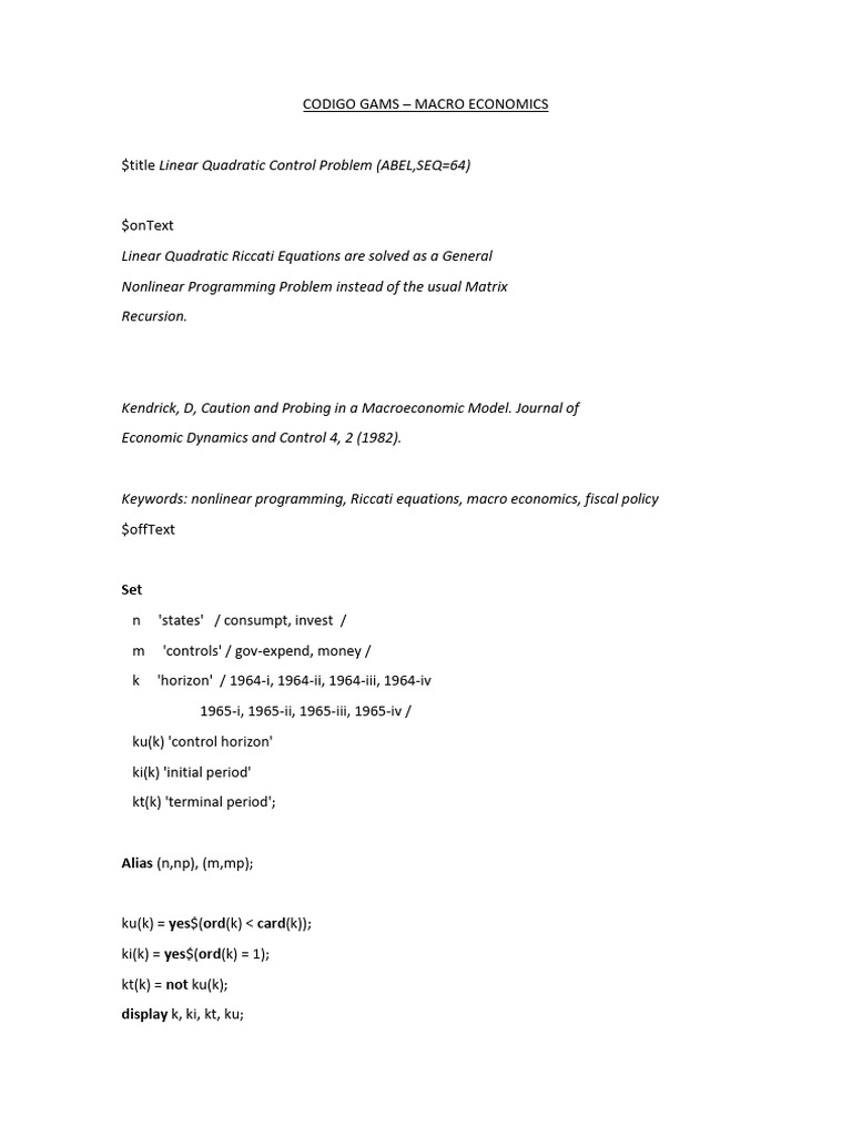 Codigo Gams - Macro Economics | PDF
