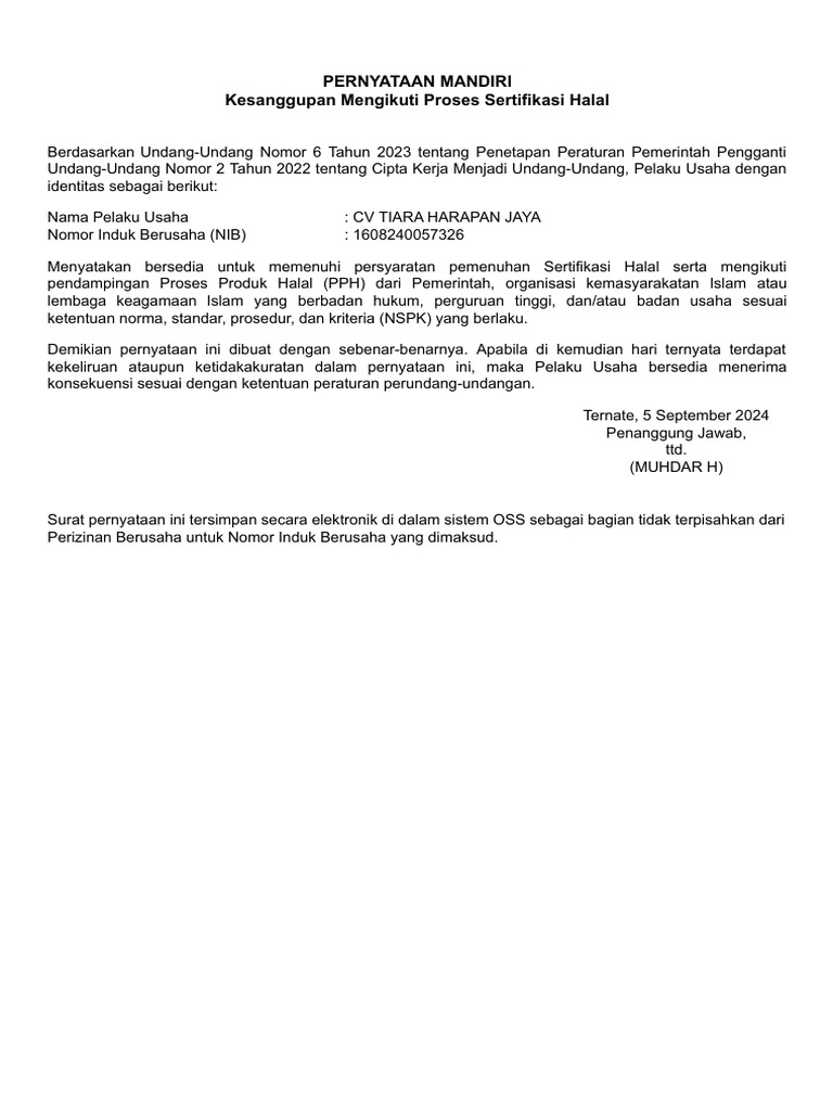 Pernyataan Halal, CV - Tiara Harapan Jaya 2 | PDF