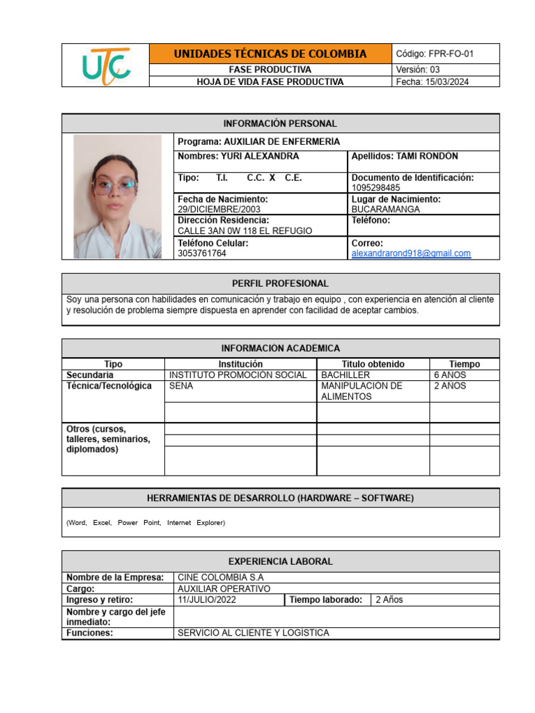 FPR-FO-01 Hoja de Vida Fase Productiva V03 | PDF | Informática