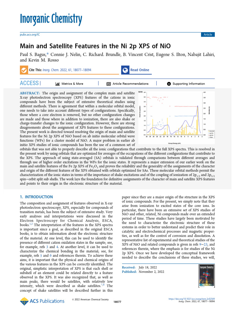 Bagus Et Al 2022 Main and Satellite Features in The Ni 2p Xps of Nio | PDF