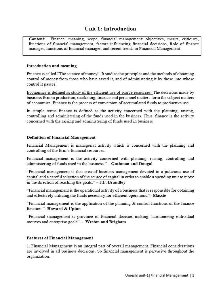 Unit 1 Introduction to Financial Management | PDF Unit 1 Introduction to Financial Management | PDF