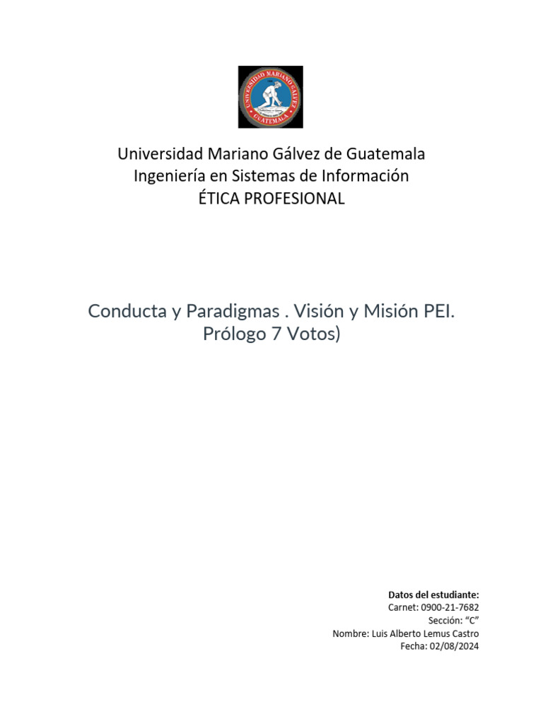 Conducta y Paradigmas - Visión y Misión PEI. Prólogo 7 Votos | PDF