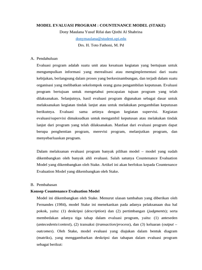 Model Evaluasi Program Countenance Model | PDF