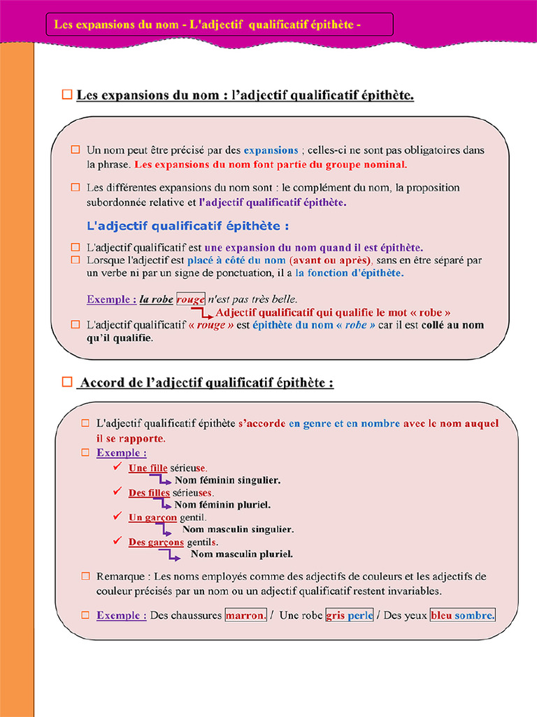 Lexpansion Du Nom Ladjectif Qualificatif 1ere Annee College | PDF