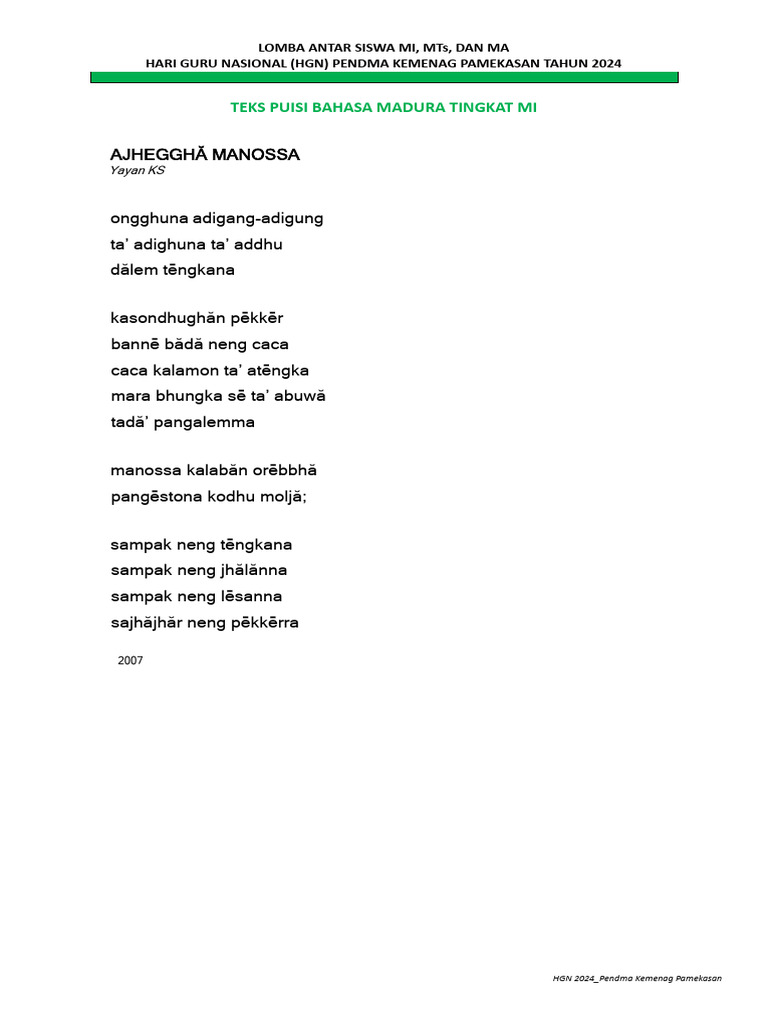 Teks Puisi Bahasa Madura - HGN 2024-1 | PDF