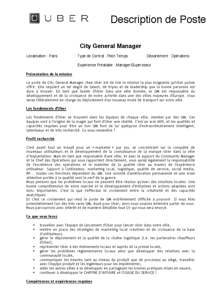 Fiche de Poste: General Manager | PDF | Uber (Société) | Commercialisation