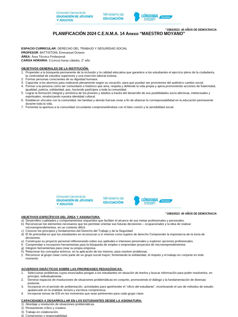 Planificación Derecho El Trabajo 2024 Cenma 14 Anexo M. M Profesor Battistoni | PDF | Evaluación ...