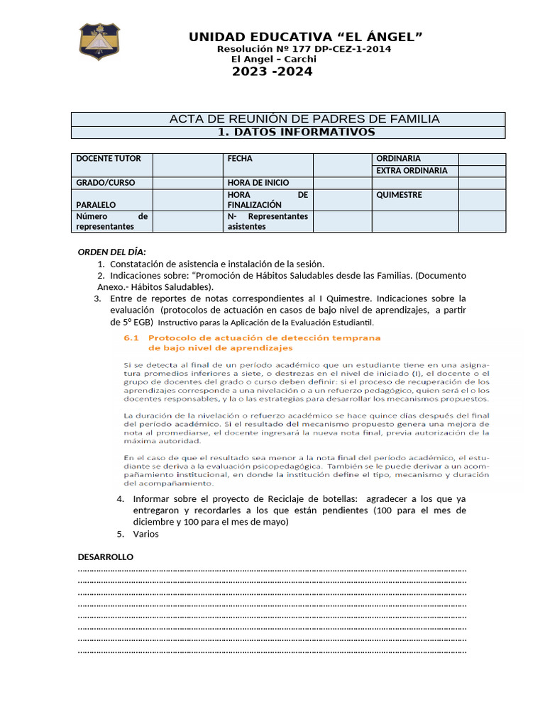 Acta de Padres de Familia I Trimestre | PDF