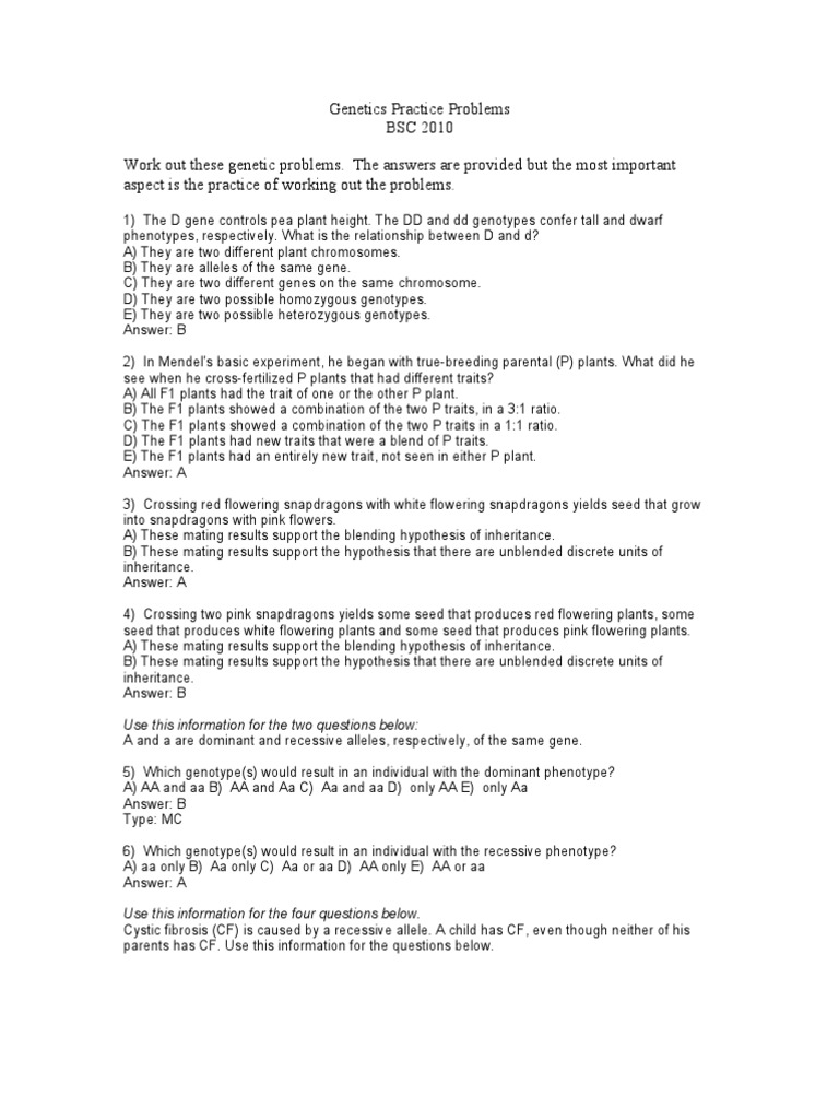 CHPT 15 Genetics Practice Problems | PDF | Dominance (Genetics) | Zygosity