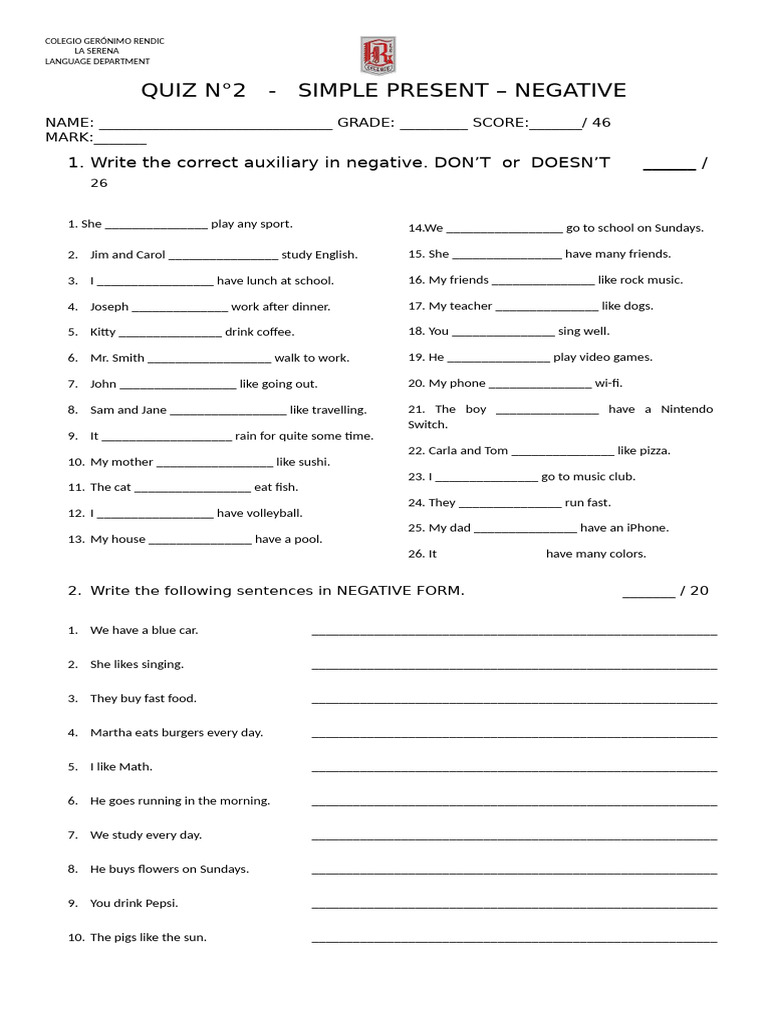Simple Present Tense Negative | PDF