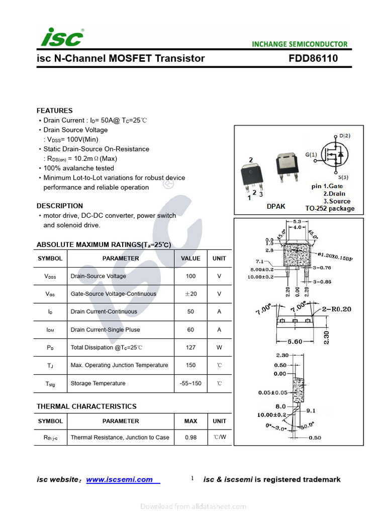 Datasheet FDD86110 | PDF