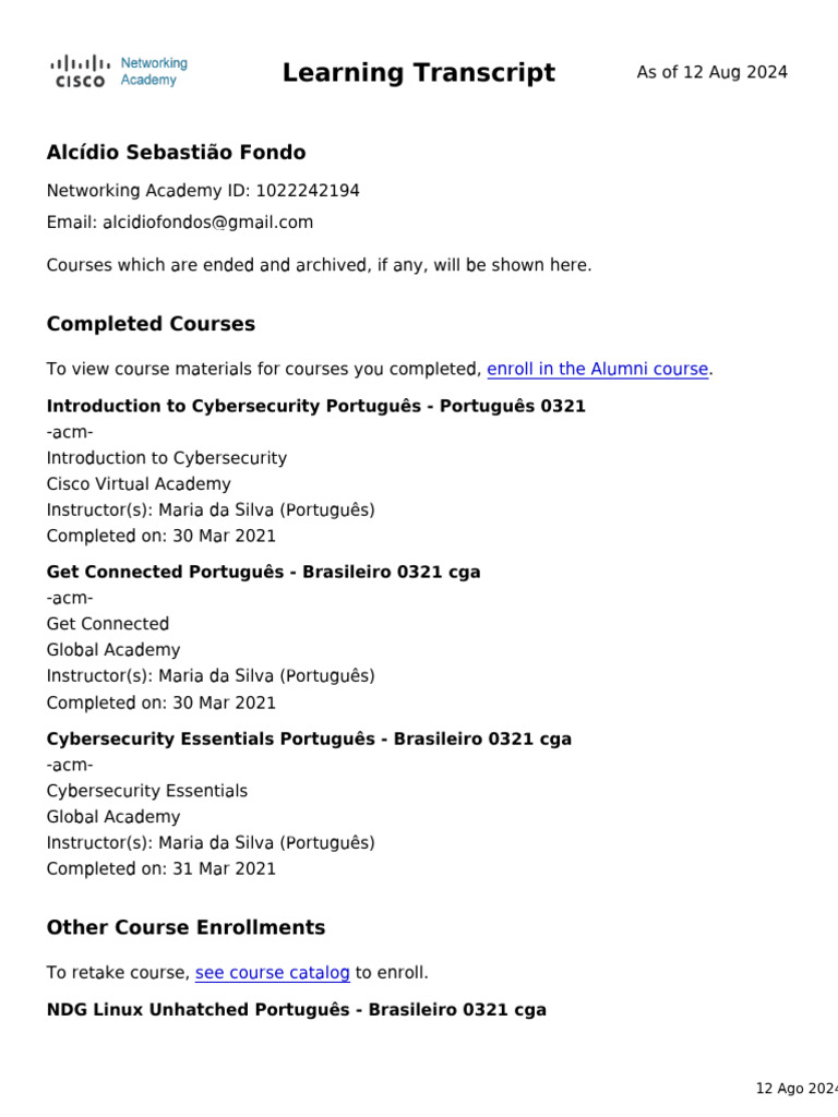 NetAcad Learning Transcript | PDF