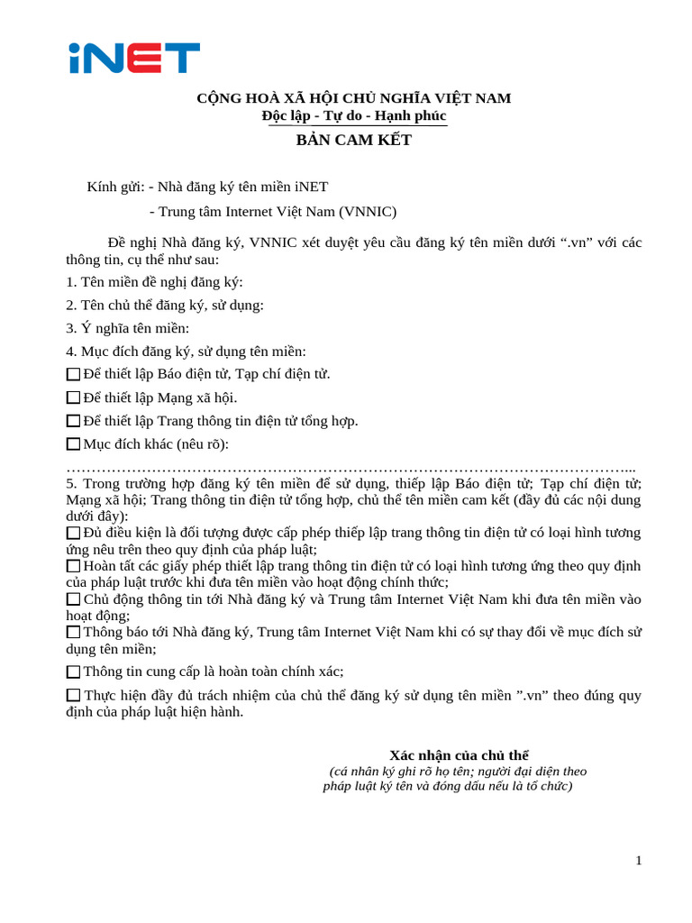 Mau Ban Cam Ket Dang Ky Ten Mien VN 2020 | PDF