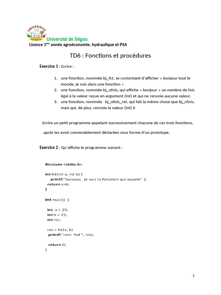 TD6: Fonctions Et Procédures: Université de Ségou | PDF