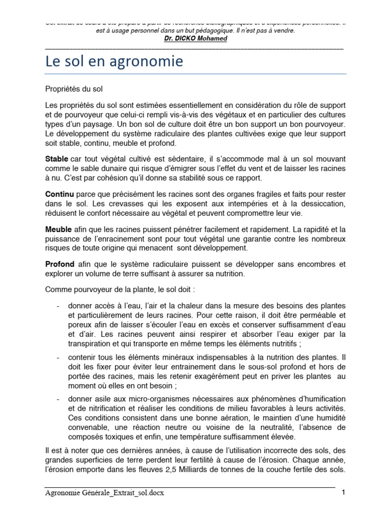 Agronomie Générale - Extrait - Sol | PDF