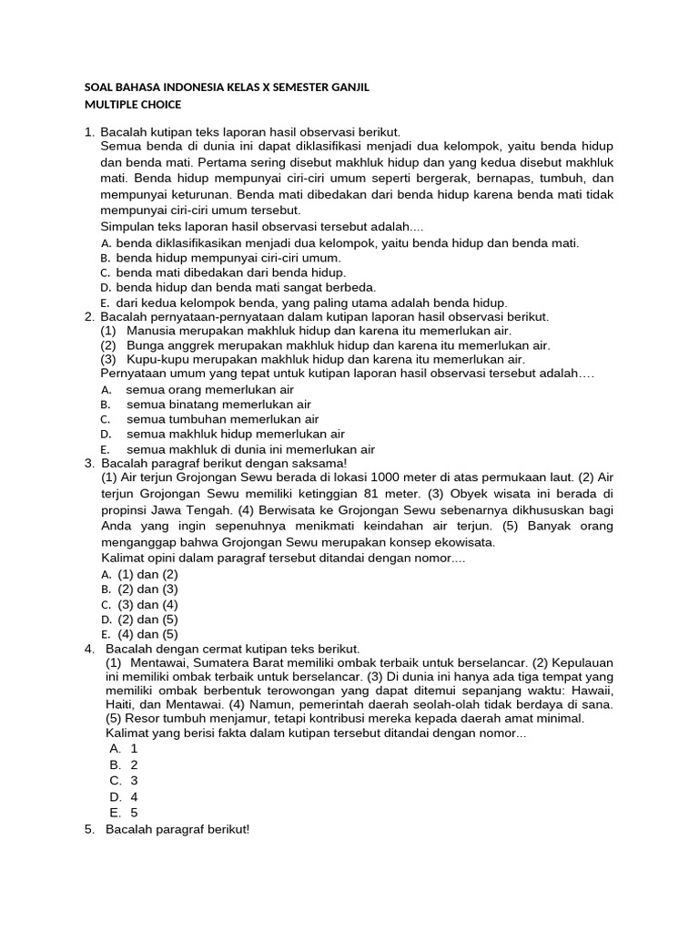 Word 2022 Soal Bahasa Indonesia KLS X Semester Ganjil | PDF