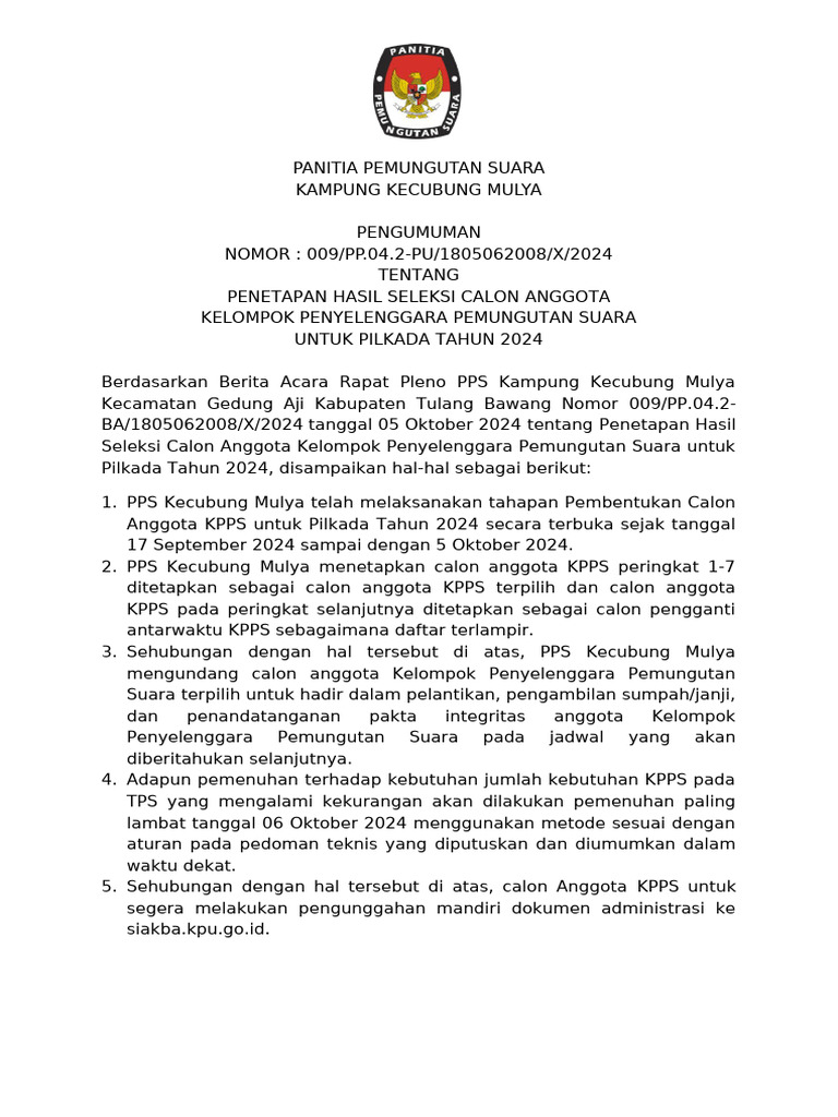 1 Pengumuman PPS Penetapan Hasil Seleksi KPPS | PDF