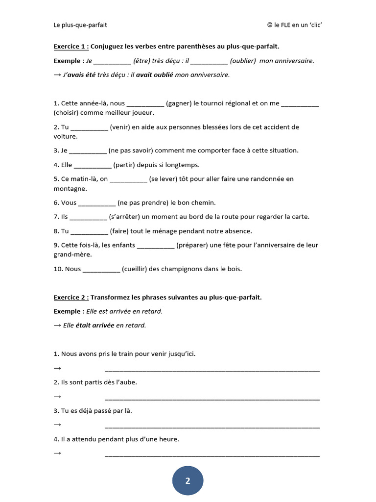 Exercices sur le plus-que-parfait | PDF | Arts du langage et discipline ...
