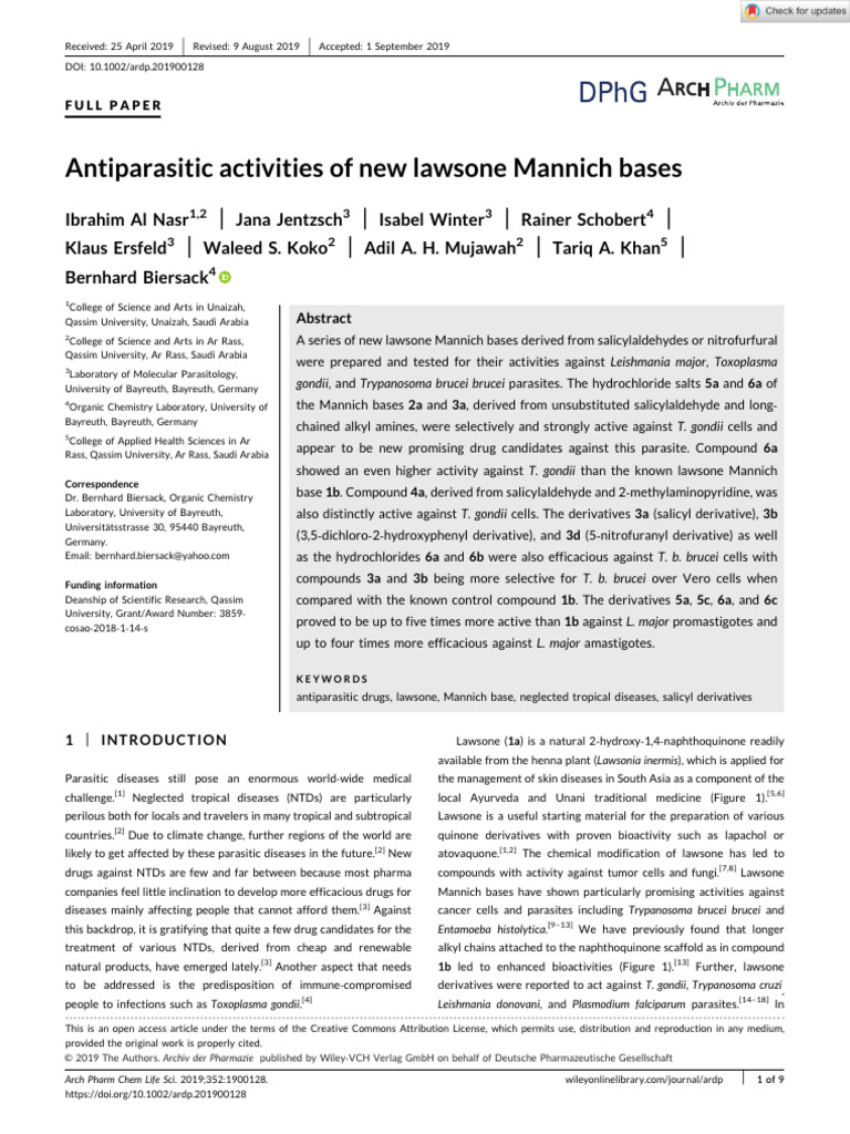 Atividades antiparasitárias das novas bases de Lawson Mannich | PDF