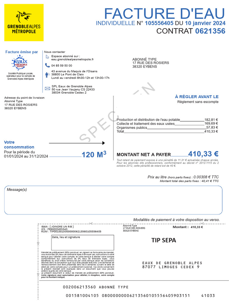 Exemple de Facture Pour Une Consommation de 120m D Eau Potable Pour 2024 Habitations en ...
