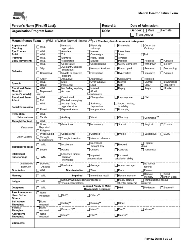 MSDP at Mental Status Exam 04-30-13 | PDF