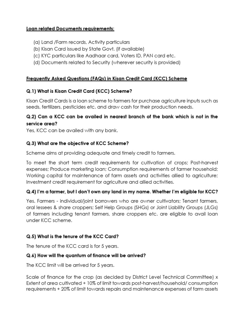 KCC Loan Document Requirement FAQs | PDF