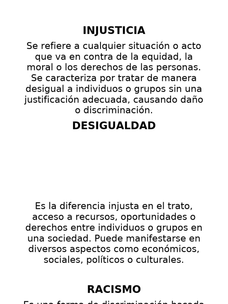 Definiciones injusticia, desigualdad, racismo, clasismo | PDF