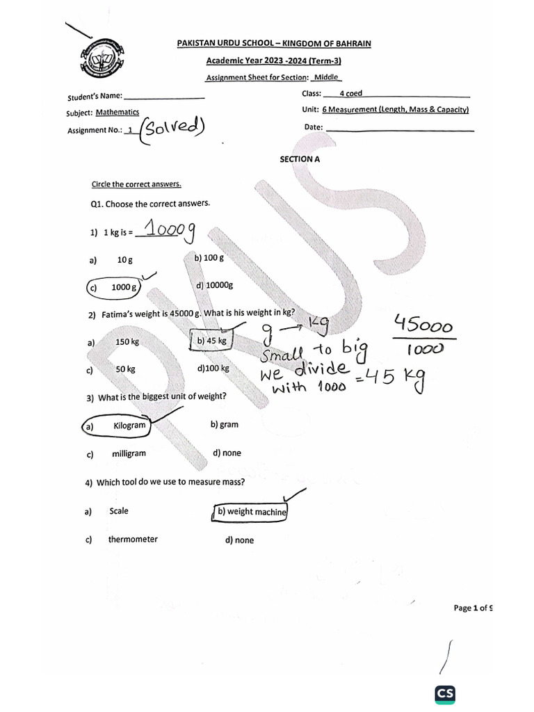 Solved Activity Sheet of Measurement (Mass Length and Capacity) | PDF