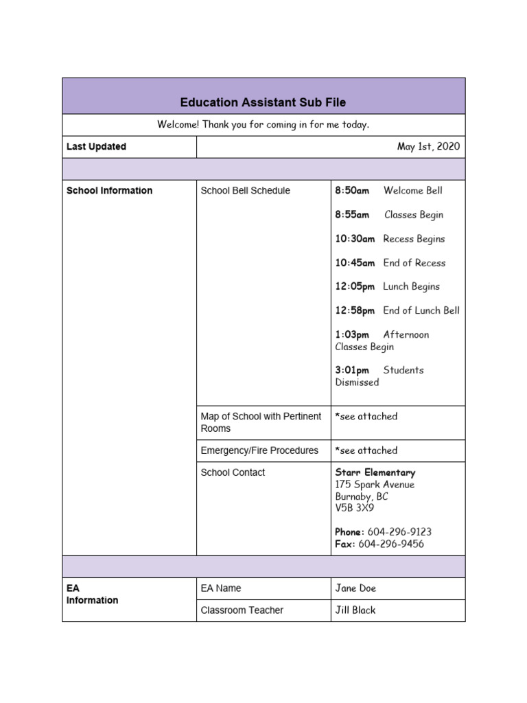 EXAMPLE Education Assistant Sub File | PDF