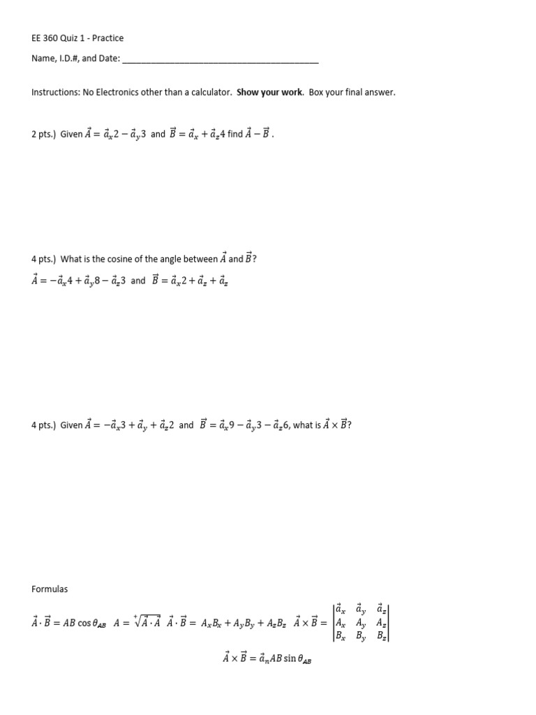 EE 360 Fall 2024 Quiz 1 - Practice | PDF