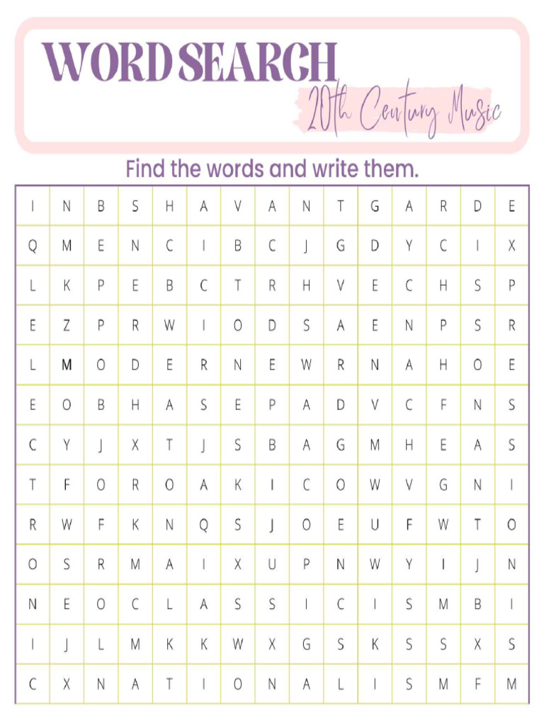 Word Search 20th Century Music | PDF