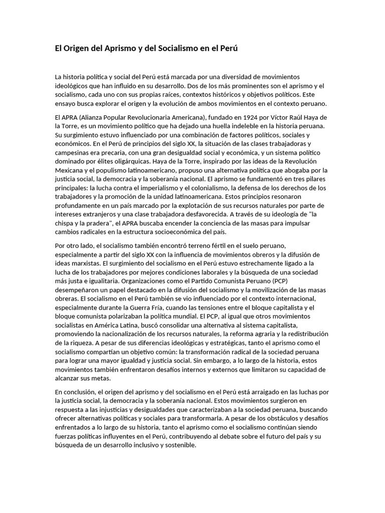 El Origen Del Aprismo y Del Socialismo en El Perú | PDF | Socialismo | Perú