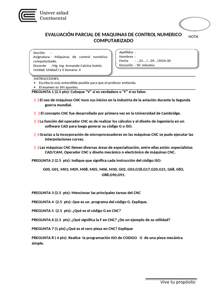 EVALUACION PARCIAL CNC 2024-II | PDF