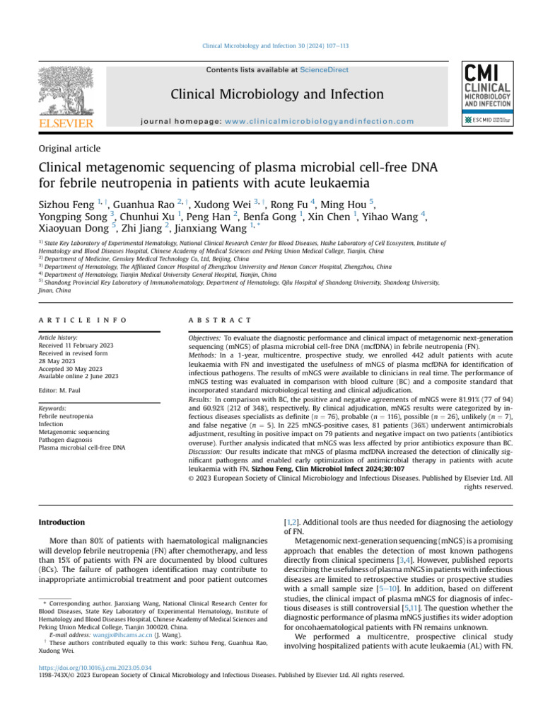 Clinical metagenomic sequencing of plasma microbial cell-free DNA for febrile neutropenia in ...