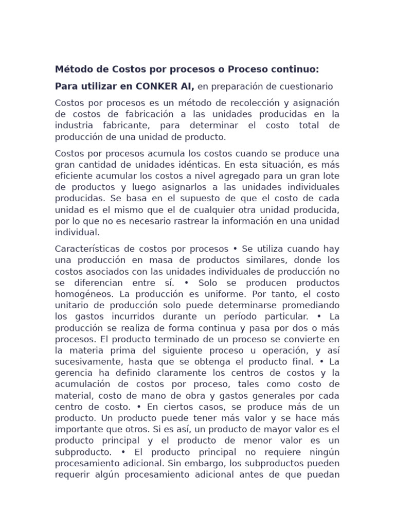 AMétodo de Costos Por Procesos o Proceso Continuo Cuestionario Con Herramienta CONKER 17 Mayo ...