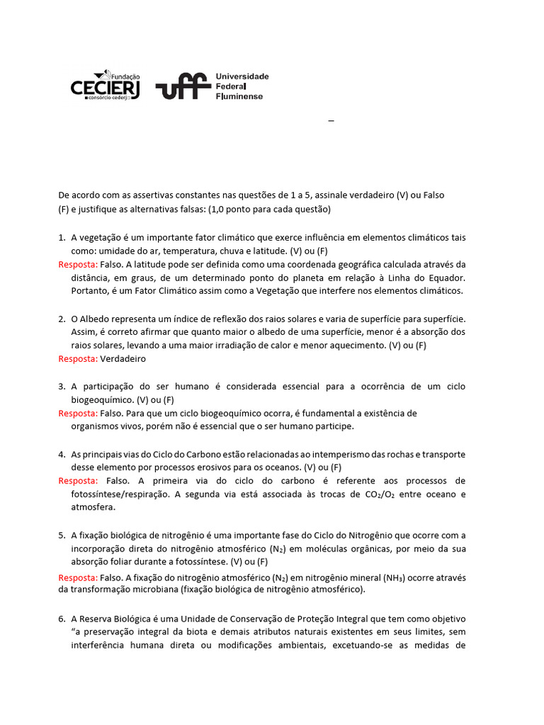 Gabarito AD1 - 2024 - 02 - Ciências Do Ambiente | PDF
