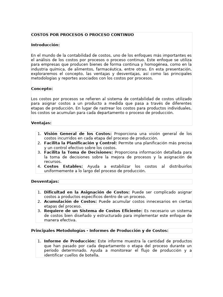 COSTOS POR PROCESOS O PROCESO CONTINUO Introducción Teoría | PDF