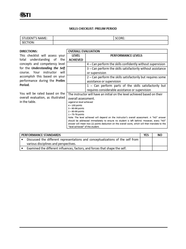 UTS 01 Skills Checklist 1 | PDF