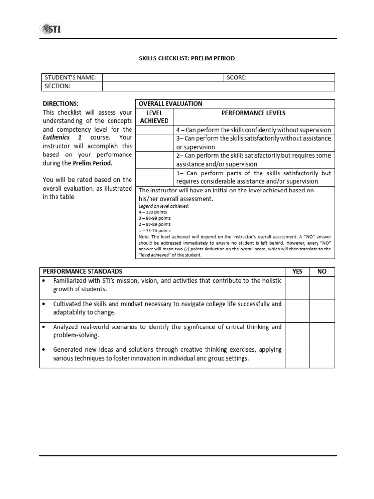 EUTHENICS 02 Skills Checklist | PDF