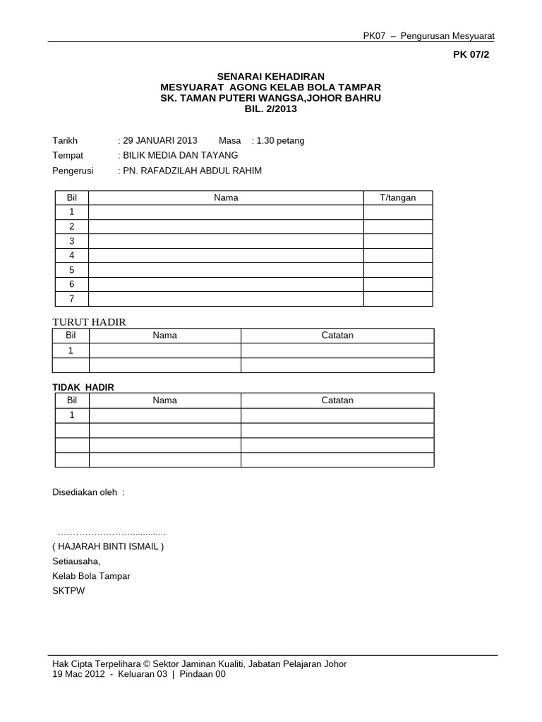 Borang PK 07 2 SENARAI KEHADIRAN MESYUARAT | PDF