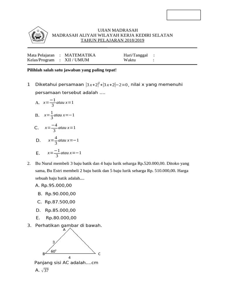 Soal Usbn Matematika Umum 2018-2019 | PDF