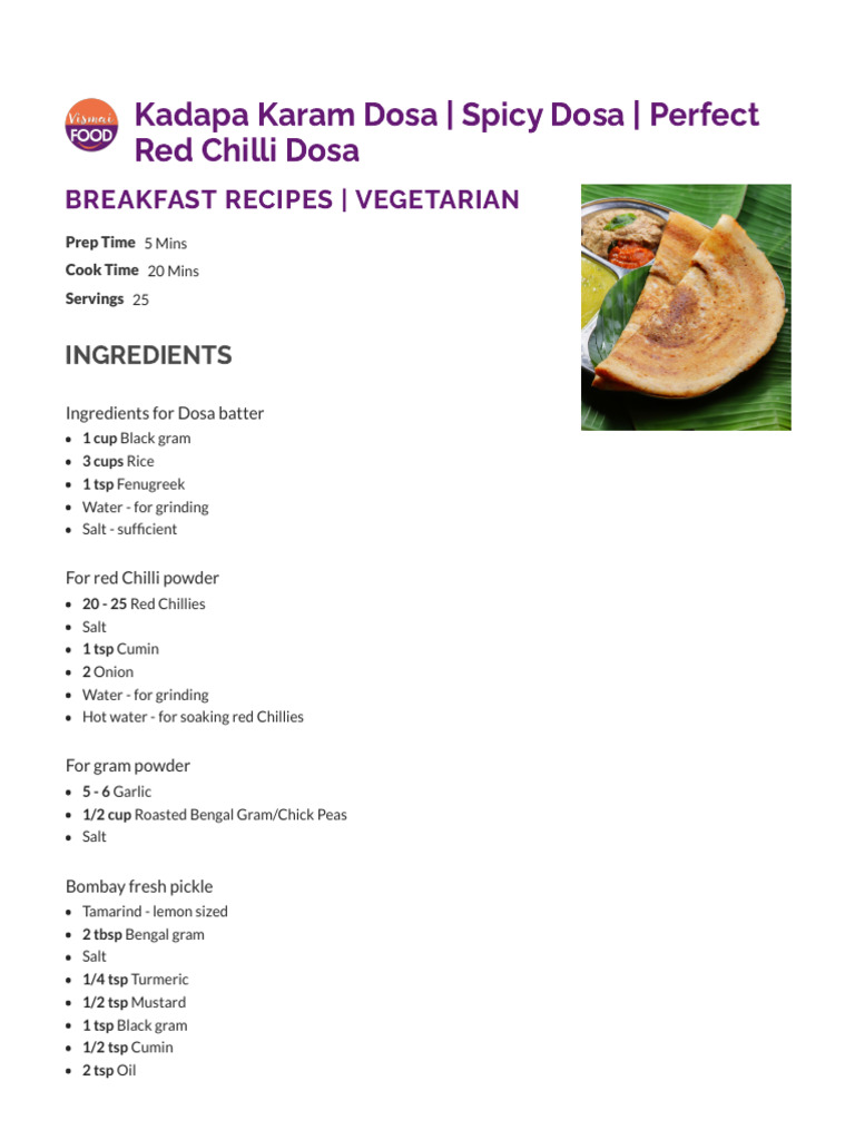 Kadapa Karam Dosa | PDF | Cooking, Food & Wine