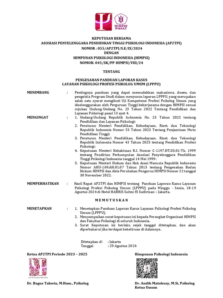 045 - SK Bersama AP2TPI Dan HIMPSI - PANDUAN LAPORAN KASUS PROGRAM ...