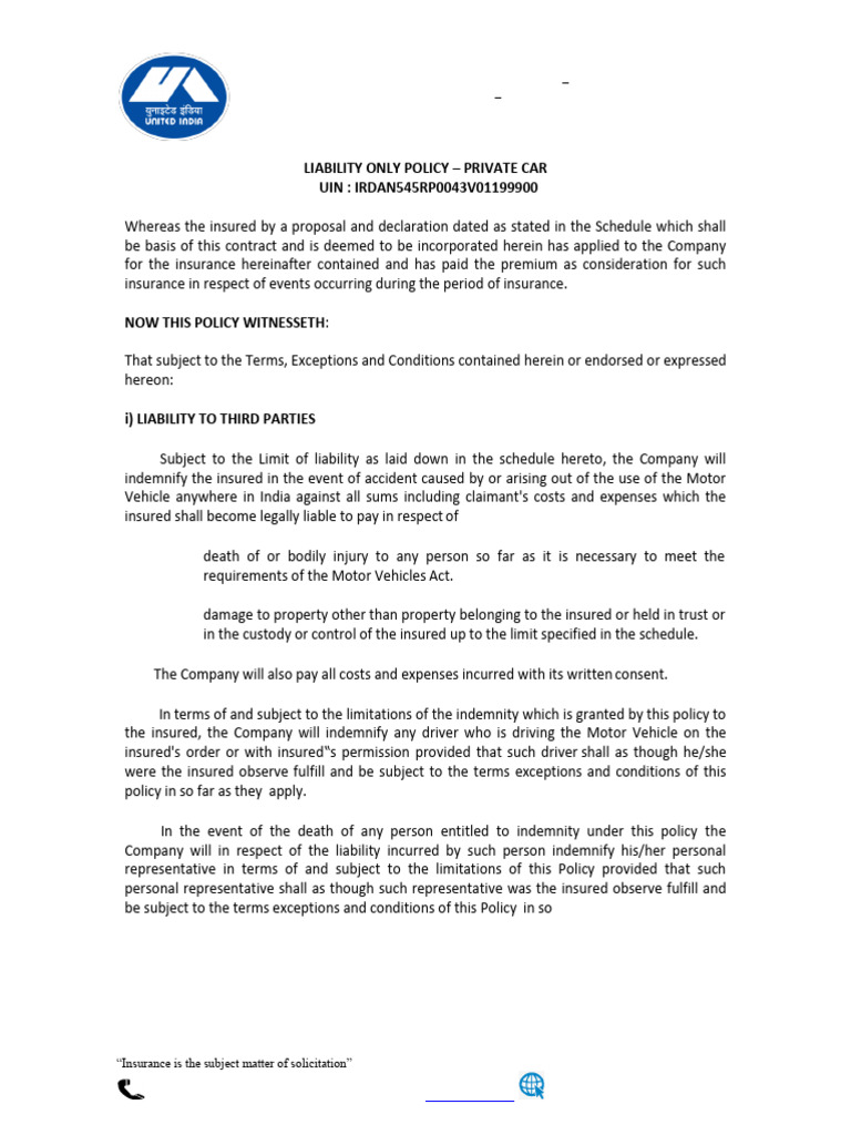 Liability Only Policy - Private Car | PDF