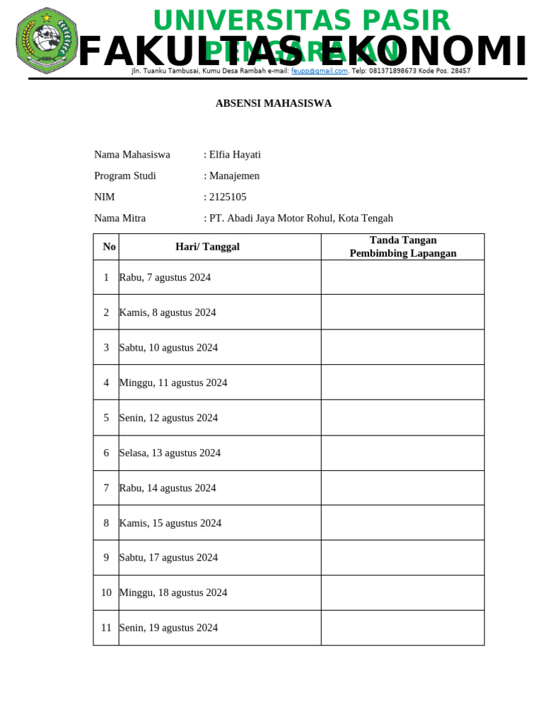 Absensi Magang Elfia Hayati | PDF