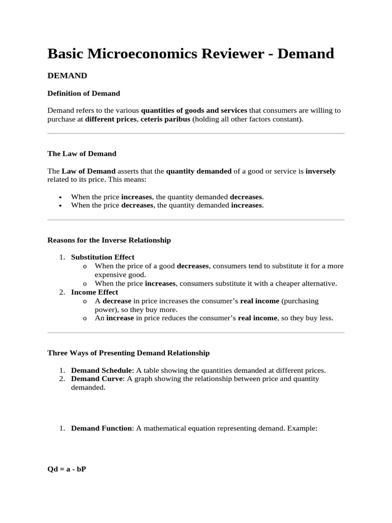 Basic Microeconomics Reviewer Demand | PDF | Demand | Finance & Money ...