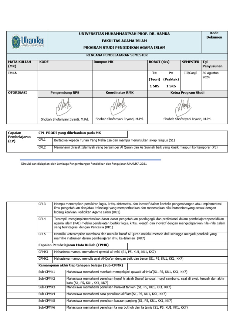 RPS Imla - PAI Tahun 2024 | PDF
