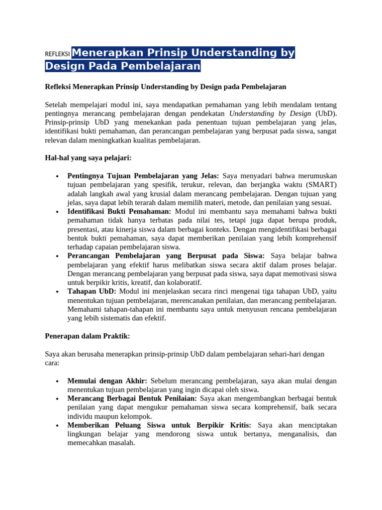 REFLEKSI Menerapkan Prinsip Understanding by Design Pada Pembelajaran | PDF REFLEKSI Menerapkan Prinsip Understanding by Design Pada Pembelajaran | PDF